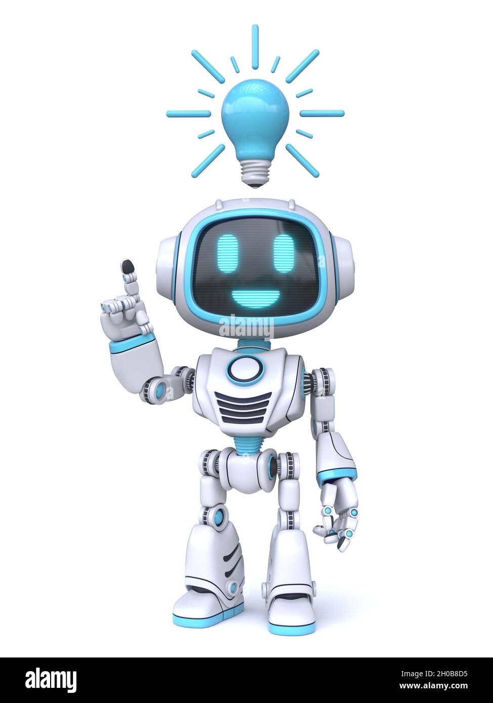 Cute blue robot with blue light bulb have an idea 3D rendering ...