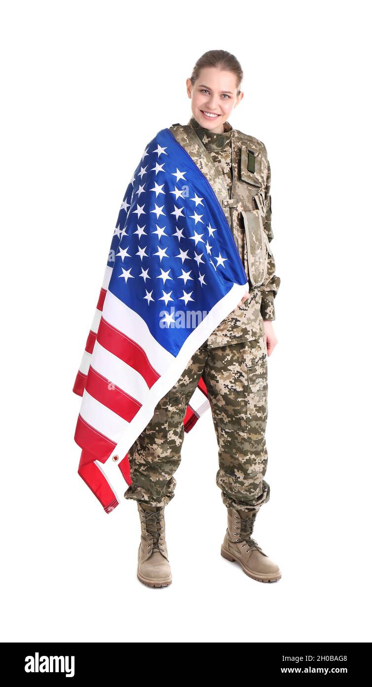 Female soldier with American flag on white background. Military service ...