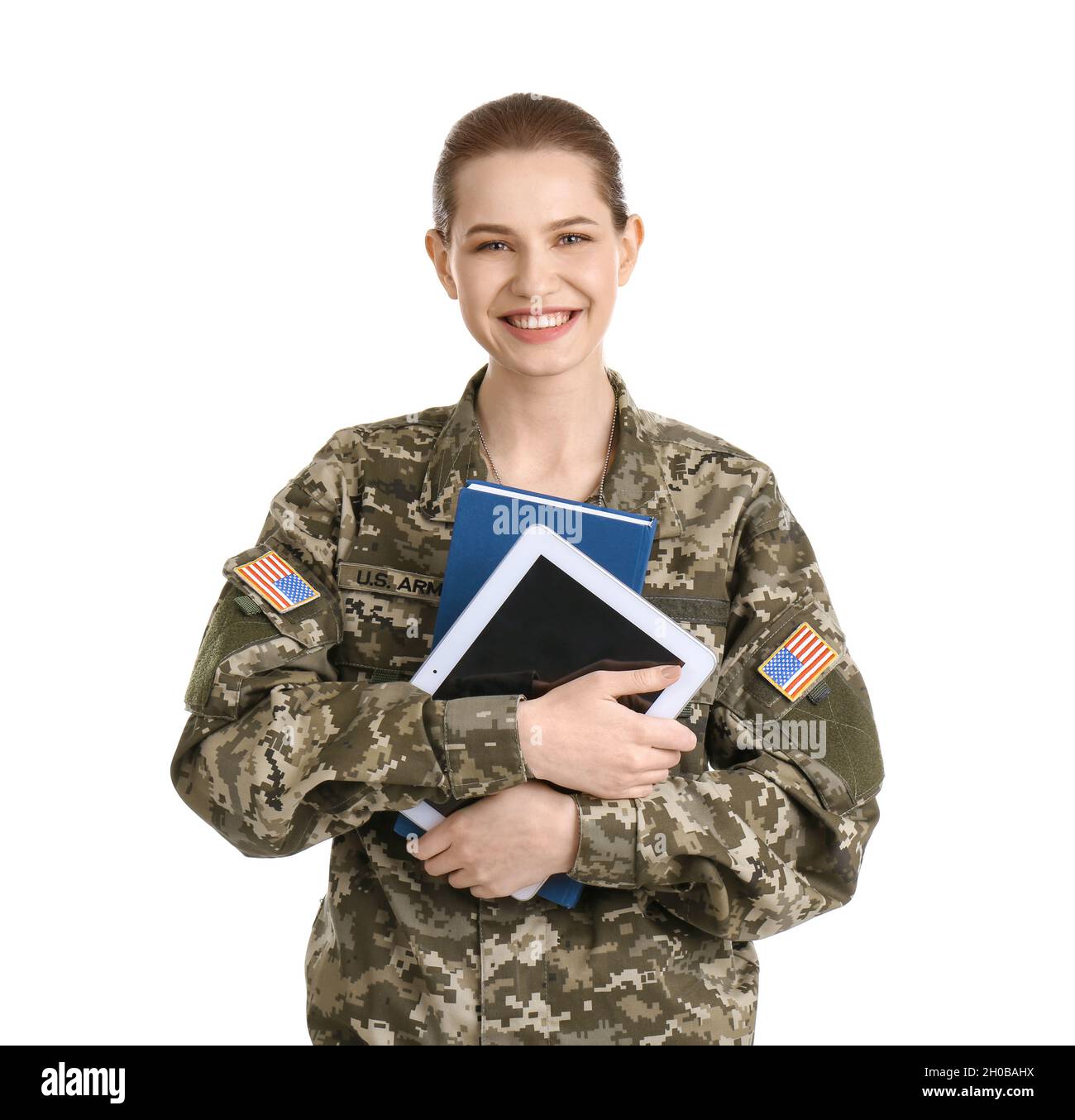 Female soldier with books and tablet computer on white background ...