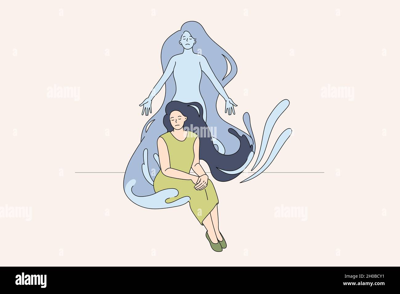 Spiritual female body releasing and meditation therapy . Vector concept ...