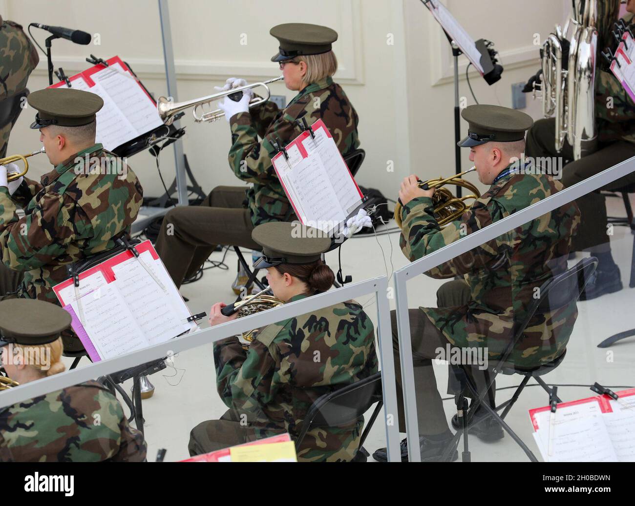 The U.S. Marine Band, "Presidents Own", practices their music at the ...