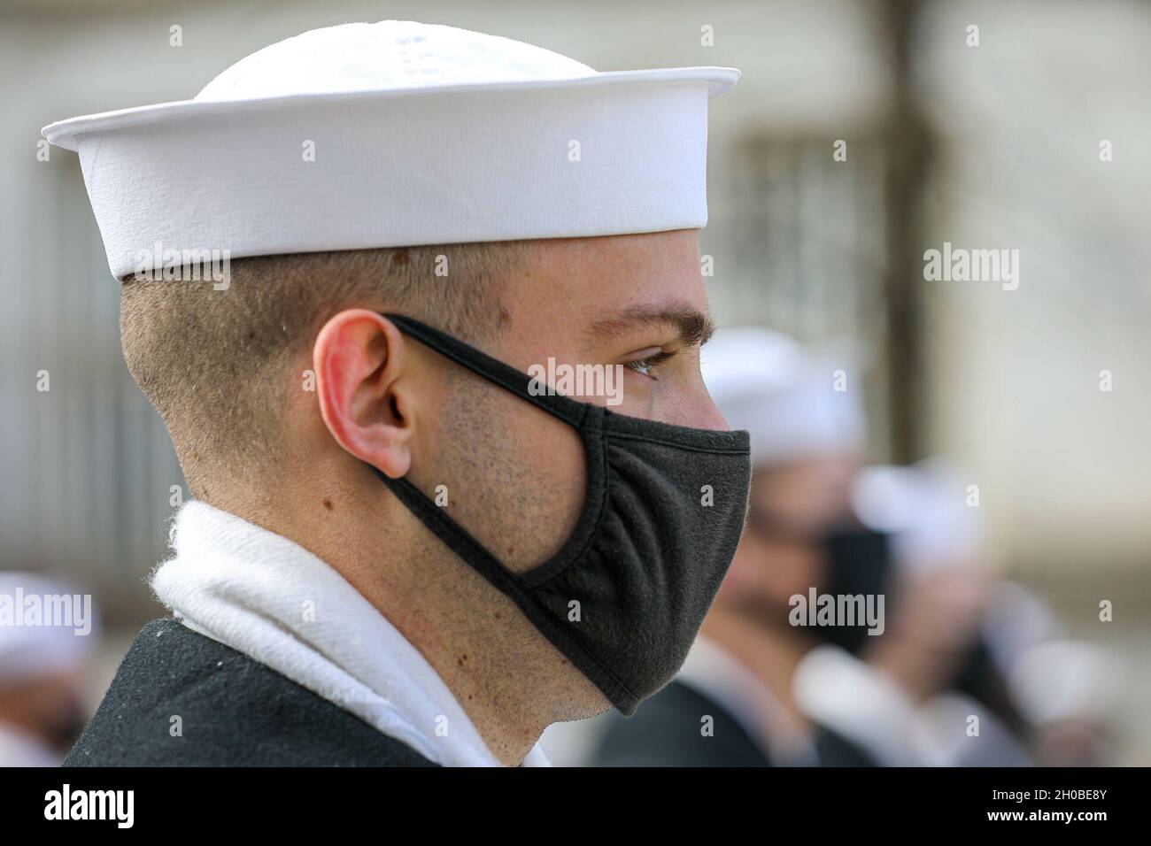 Members of the U.S. Navy Ceremonial Guard prepare to march during a ...