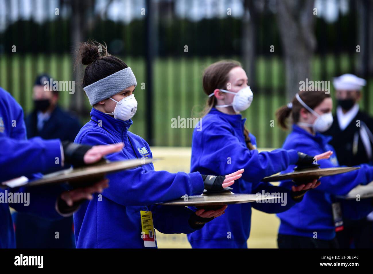 Members of the University of Delaware Marching Band march during a 59th ...