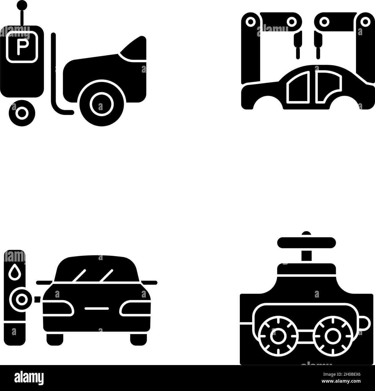 Automation in automobile industry black glyph icons set on white space ...