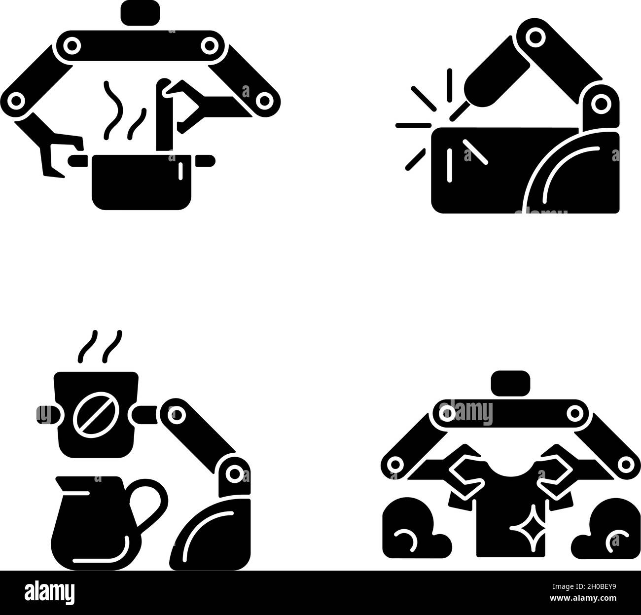 Automated mechanical devices black glyph icons set on white space Stock ...