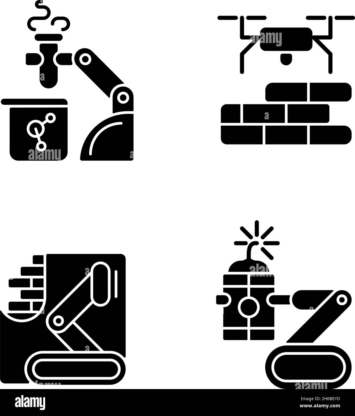 Automation in different industries black glyph icons set on white space ...