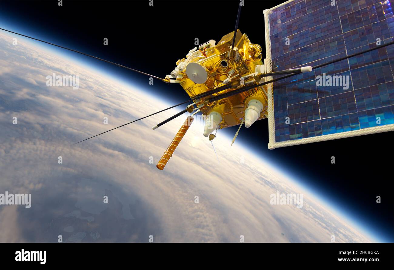 Modern meteorological space satellite monitoring Earth from orbit. 3d ...