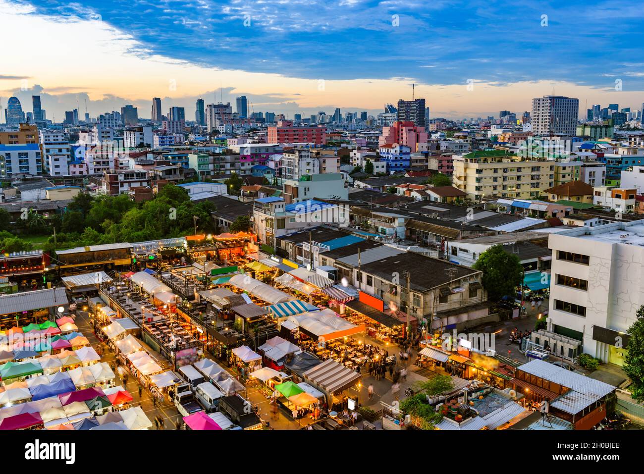 Bangkok, Thailand popular Ratchada Rot Fai night market aerial view ...