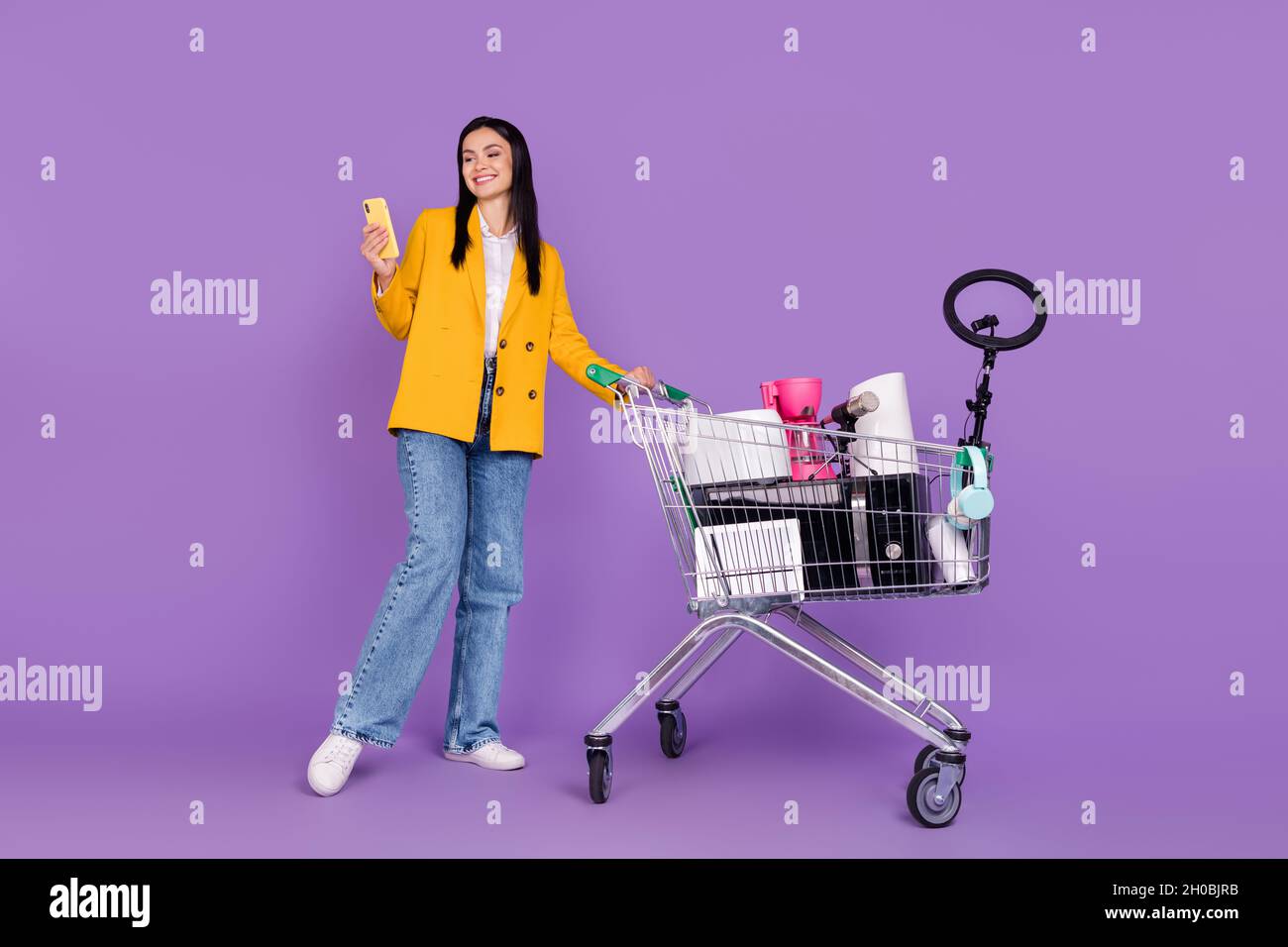 Full body photo of trendy model lady sell stuff online recycle ...