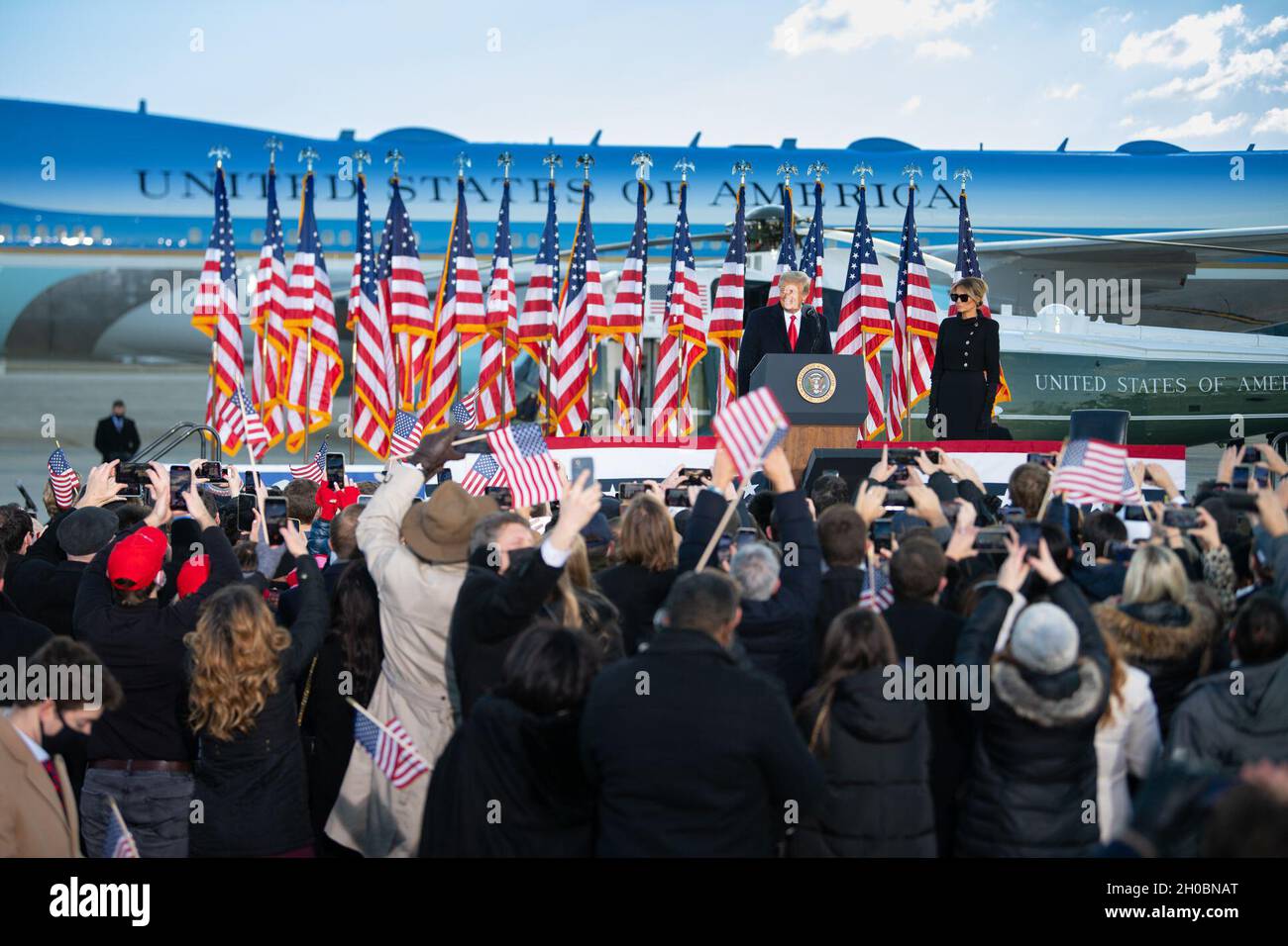 President Donald J. Trump and First Lady Melania Trump greet a crowd of ...