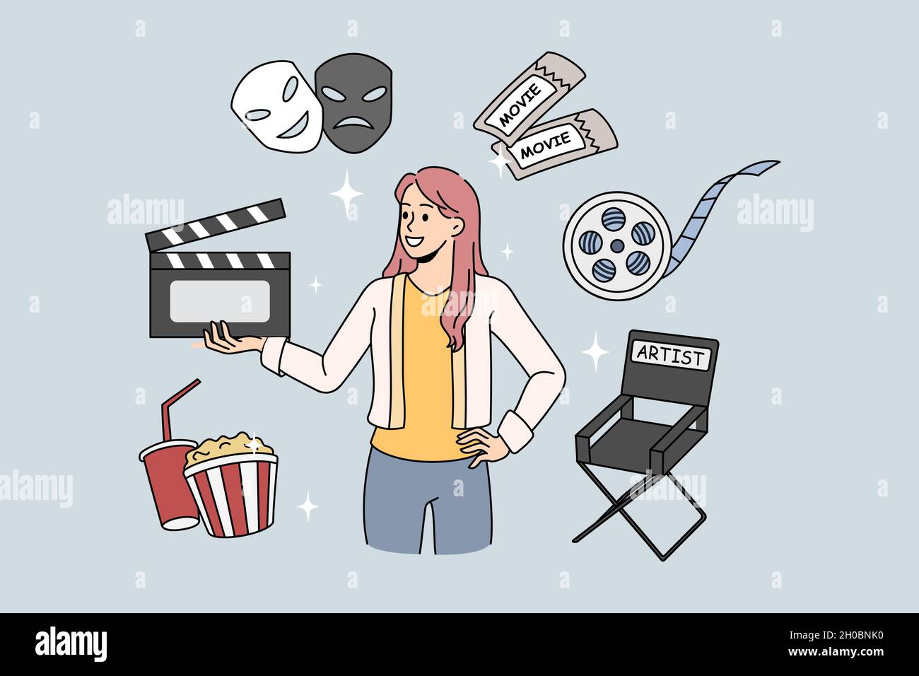 Woman director of movie production holding film clapper. Vector concept ...