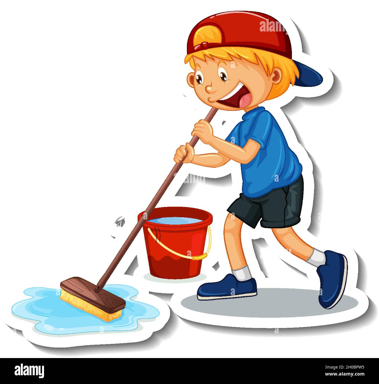 Sticker template with a boy cleaning cartoon character isolated ...