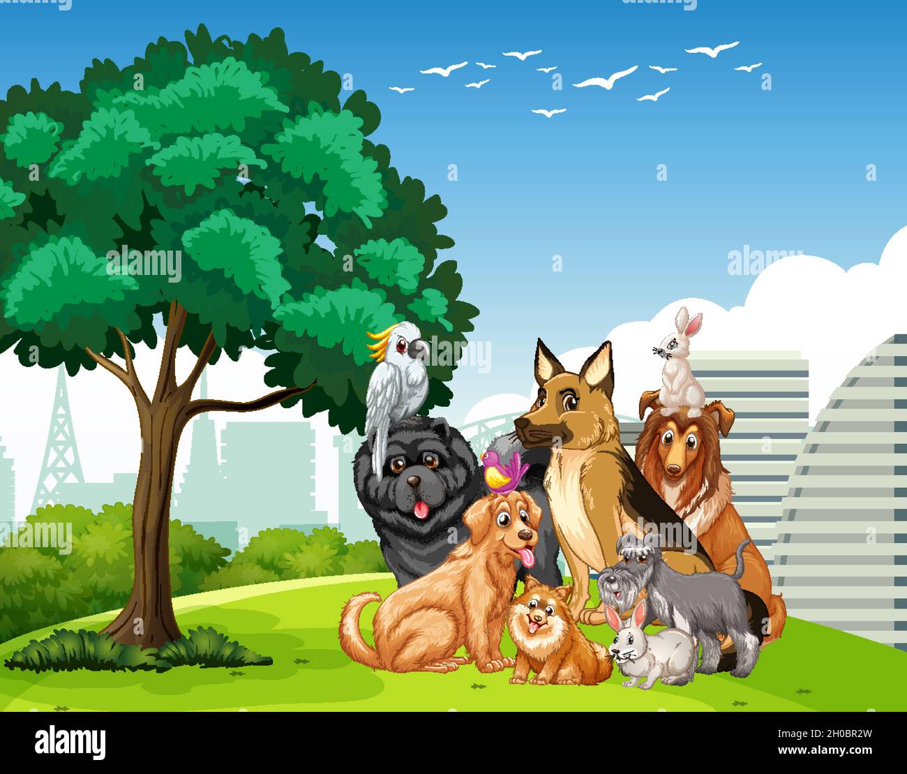 Group of pet in the park scene illustration Stock Vector Image & Art ...