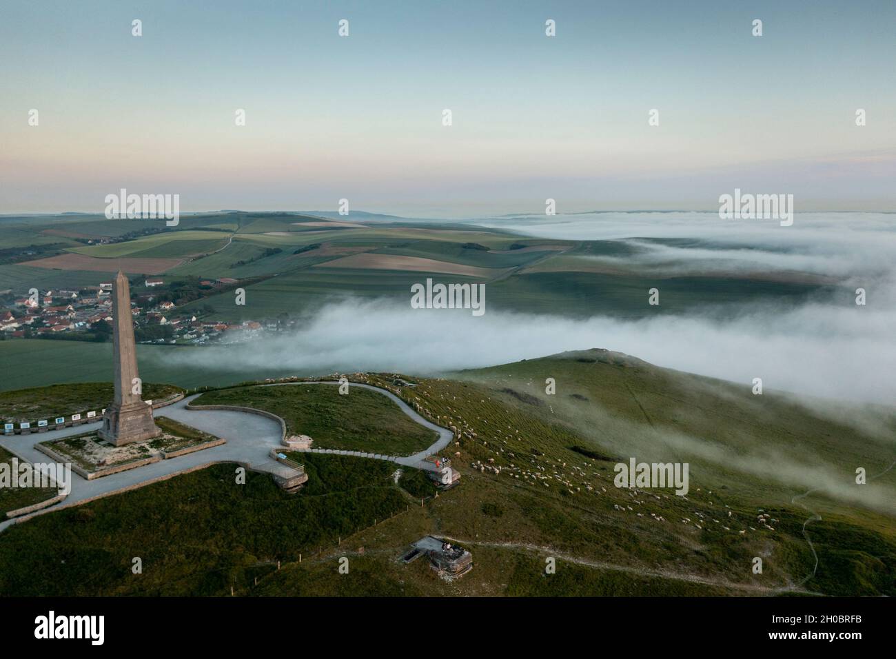 Dover patrol monument and misty sea at Cap Blanc-nez in spring, Pas de ...