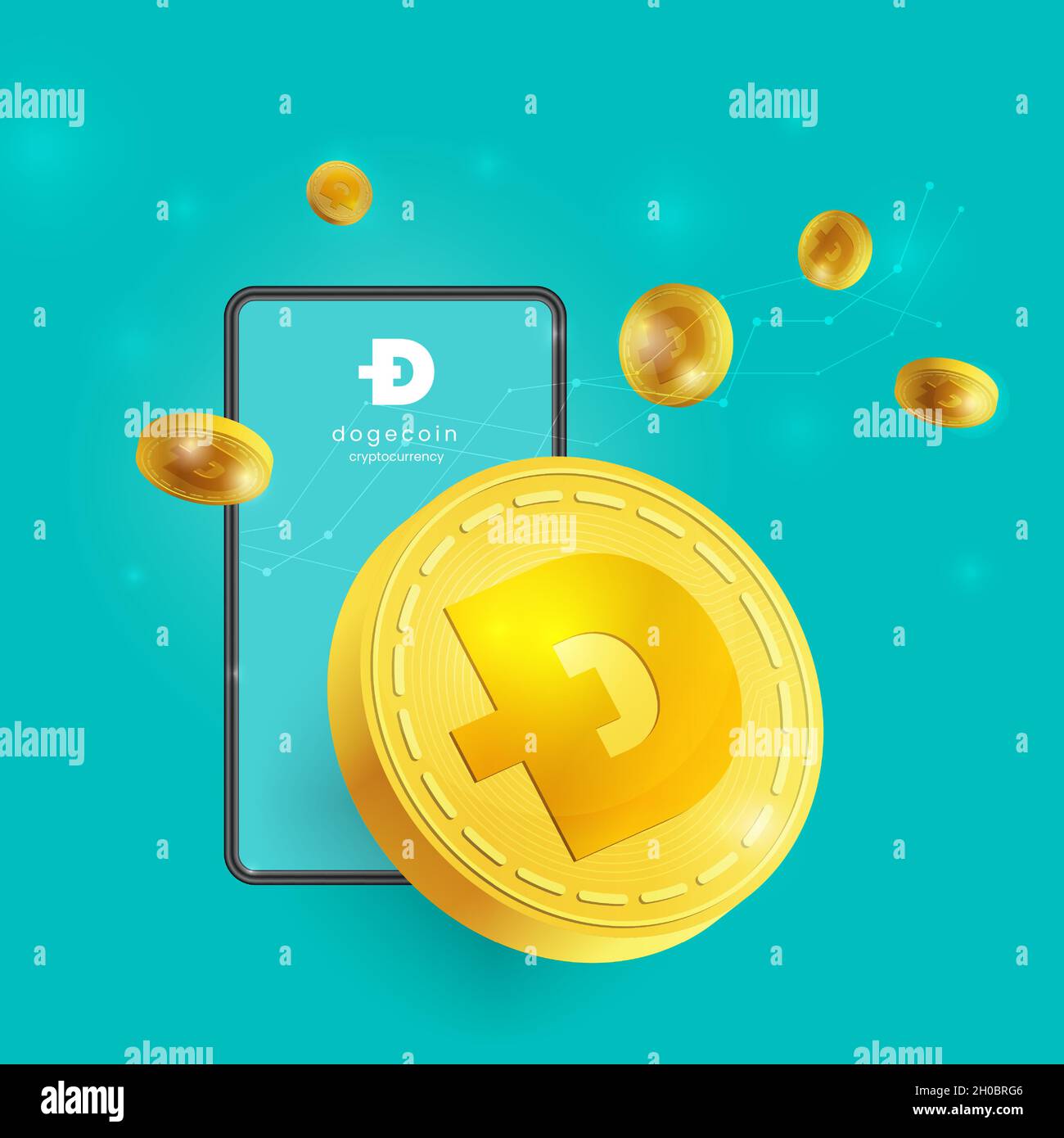 A Green background in dogecoin vector concept is growing up in the air. The cryptocurrency is in ...