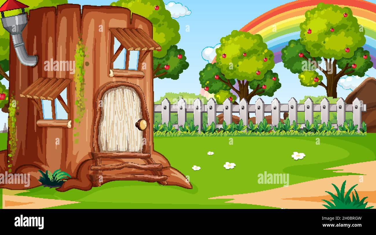 Nature landscape scene background with fantasy log house illustration ...