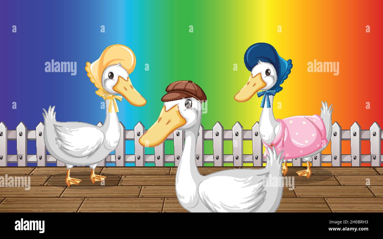 Three ducks farm animals on rainbow gradient background illustration ...