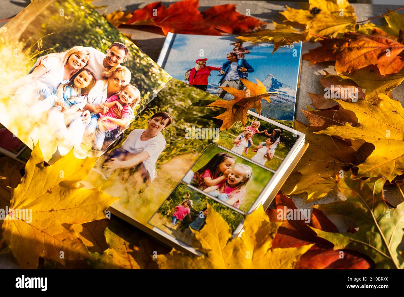 Photobook on the leaves background, closeup of photobook, family photo ...