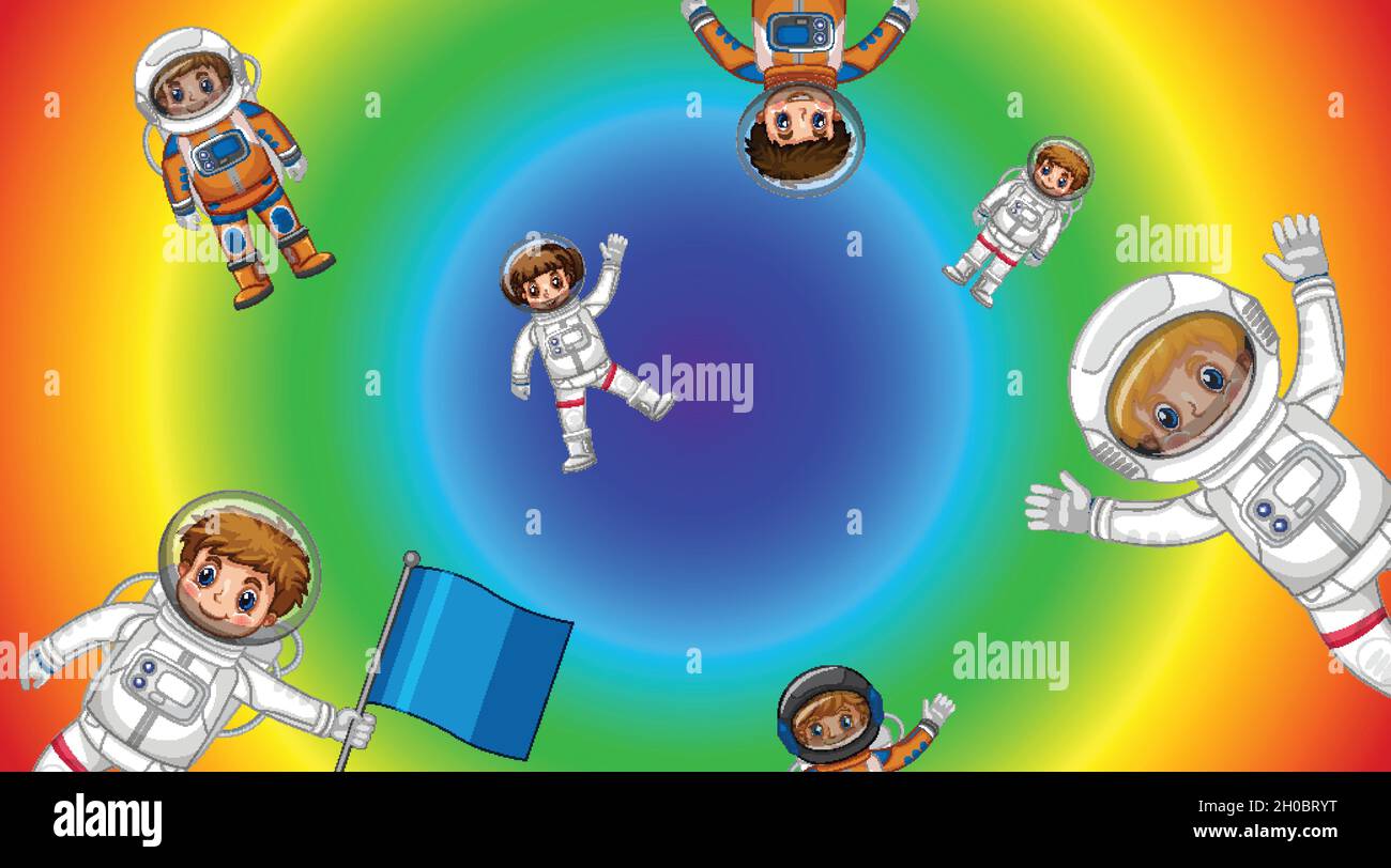 Astronaut kids flying on rainbow gradient background illustration Stock ...