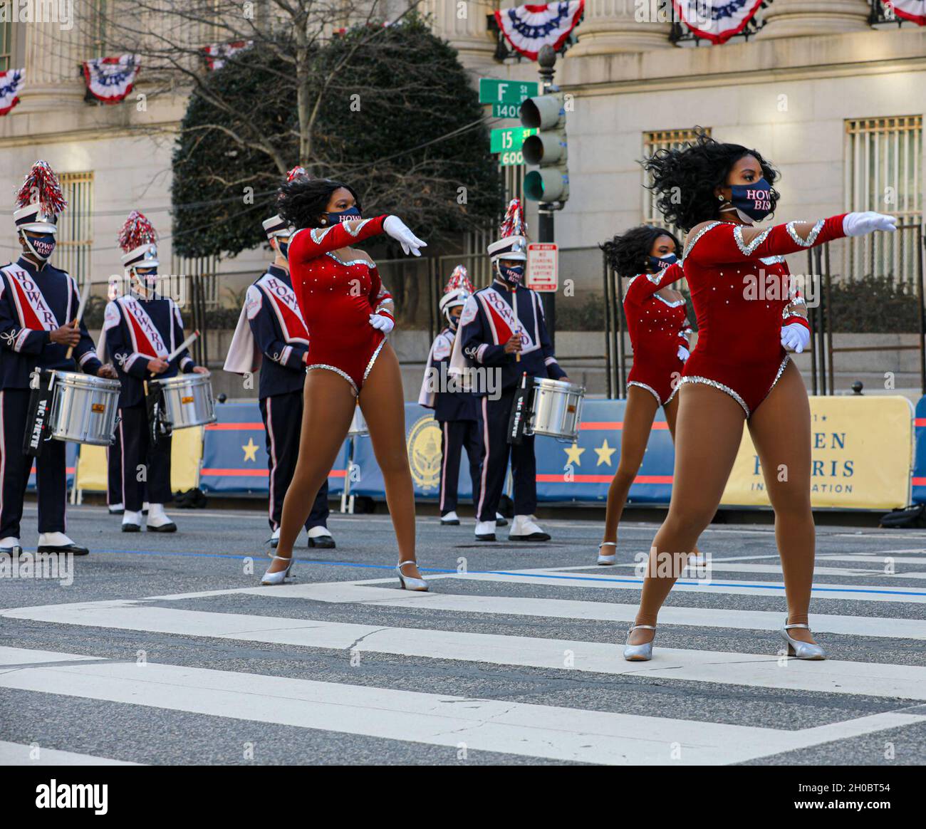 Members of the Howard University Marching Band prepare to march during ...