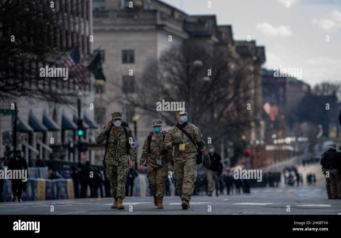 U.S. military medics walk along the inaugural parade route during the ...