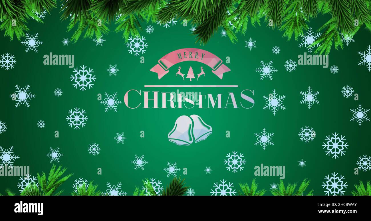 Image of christmas text iver fir tree branches and snowflakes Stock ...