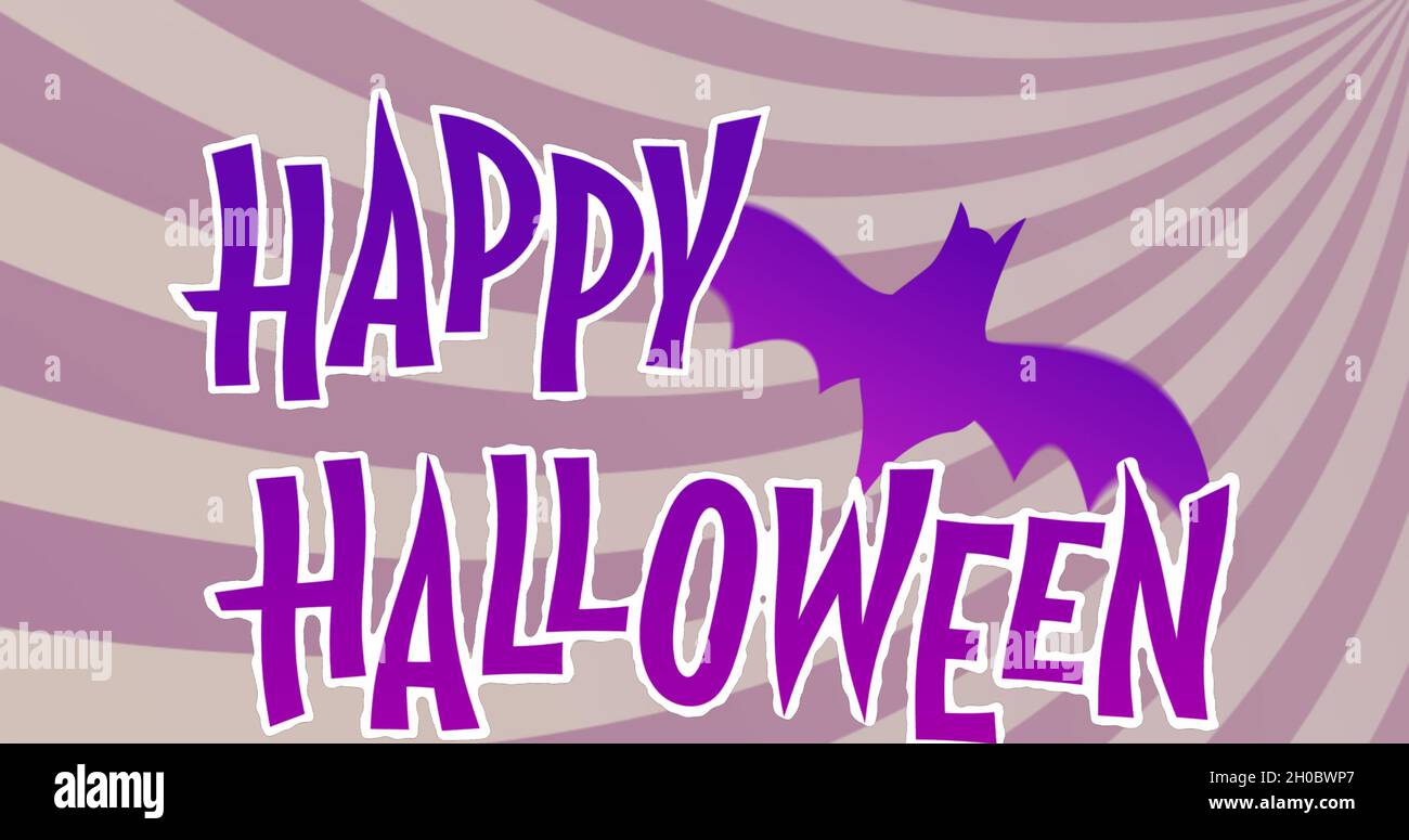 Image of halloween greetings and bat waving over striped purple ...