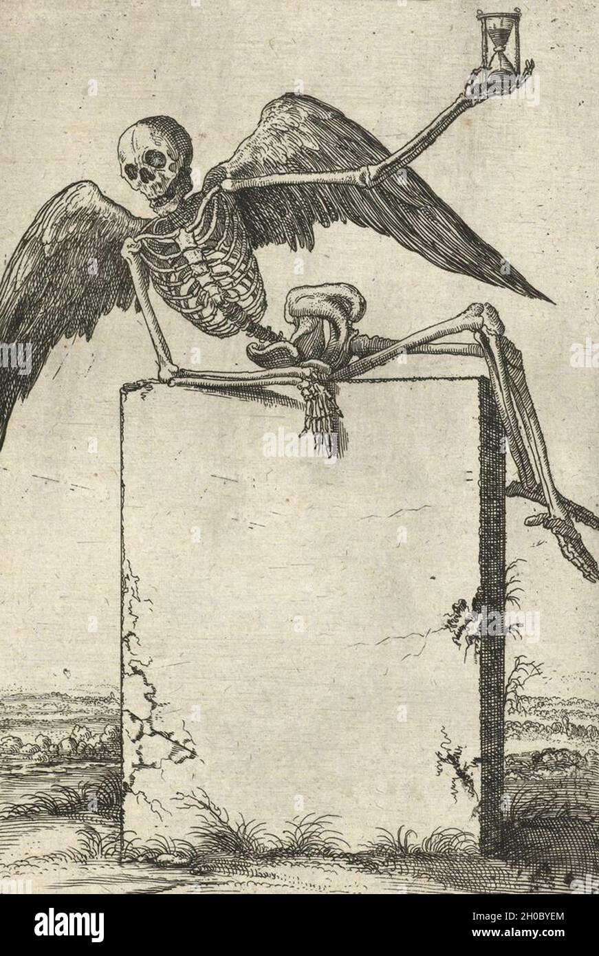 Winged skeleton nestled upon a blank grave stone Stock Photo - Alamy