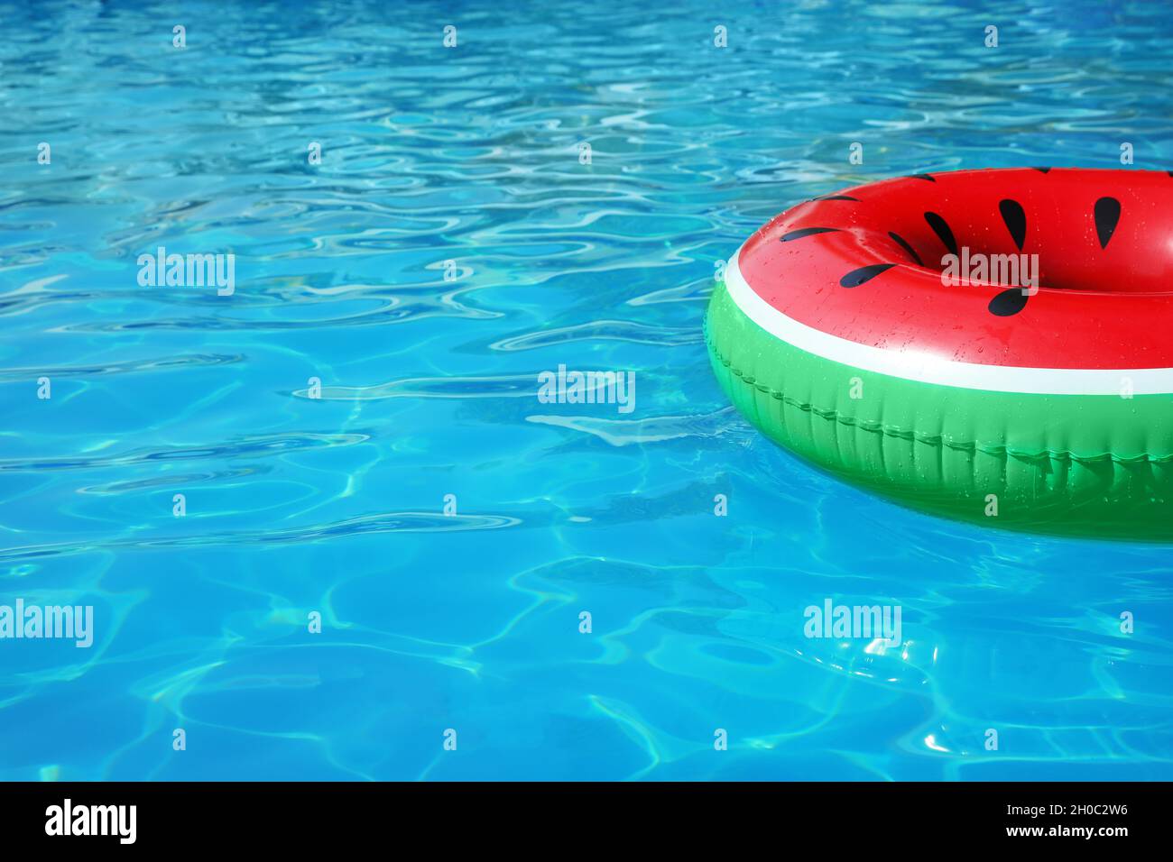Inflatable ring floating in swimming pool on sunny day. Space for text ...