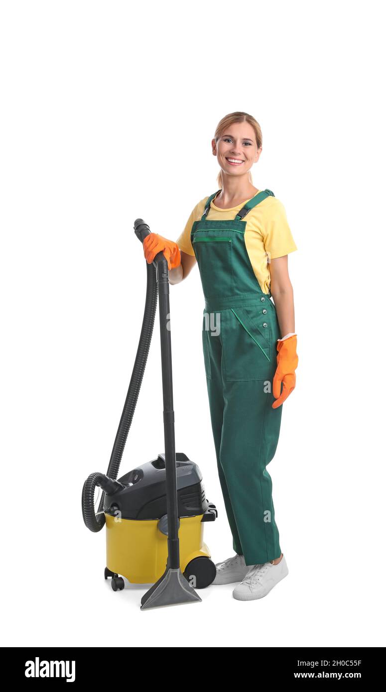 Female janitor with carpet cleaner on white background Stock Photo - Alamy