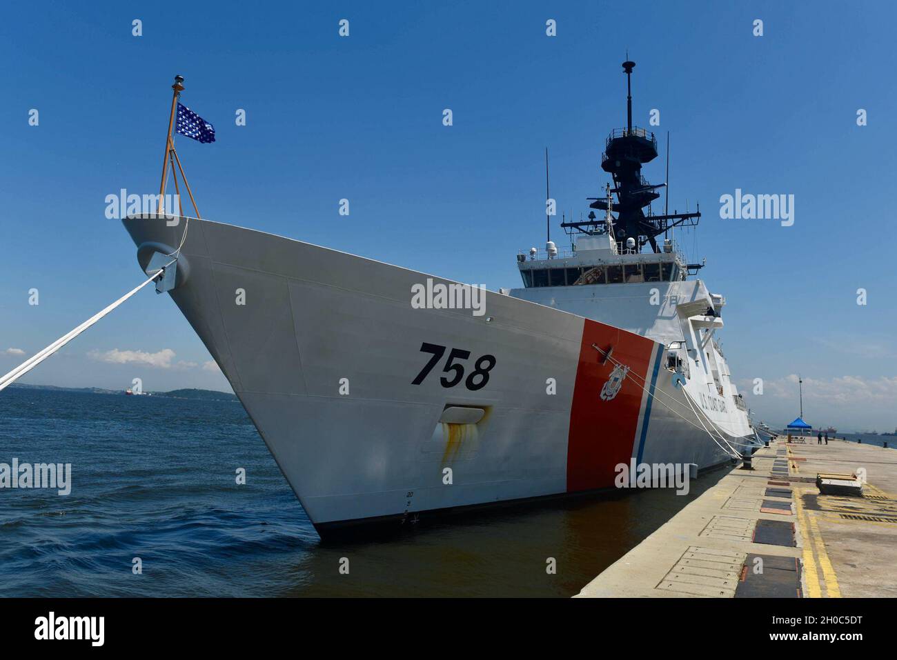 The USCGC Stone (WMSL 758) sits at a pier at the Mocangue Naval Complex ...