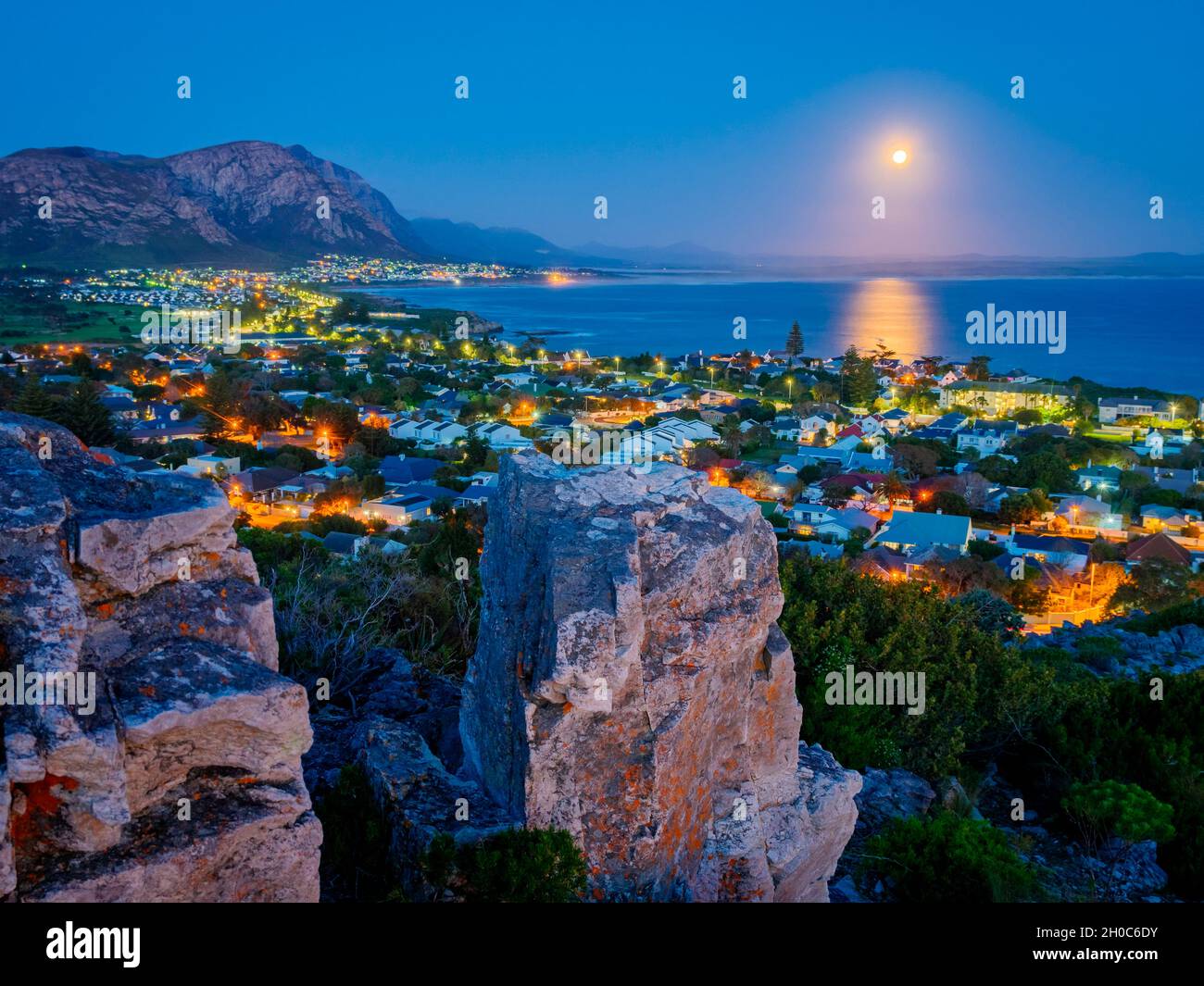 View over Hermanus and Walker Bay from Hoy's Koppie with a Blue Moon ...