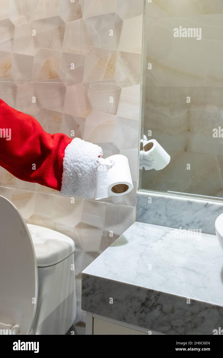 Santa Claus using toilet paper in the bathroom of a house Stock Photo ...