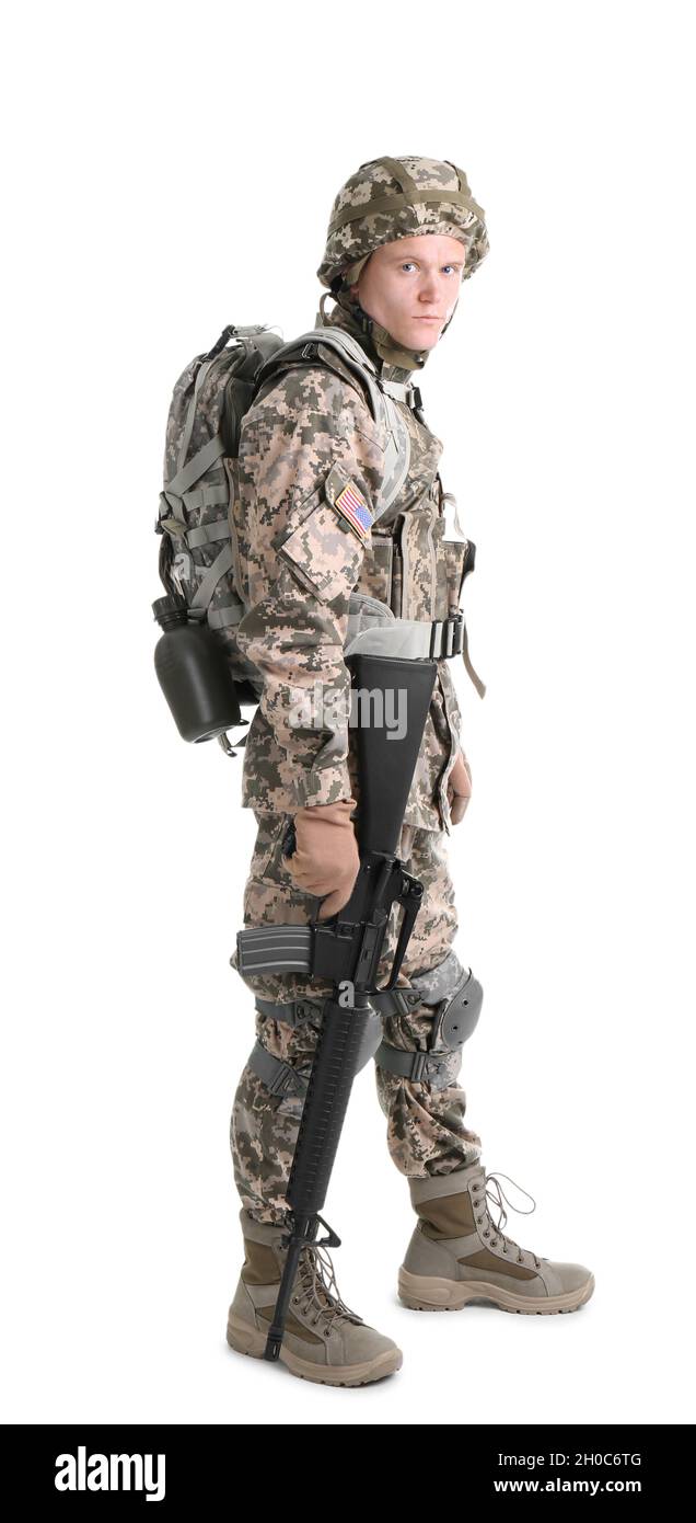 Male soldier with machine gun on white background. Military service ...