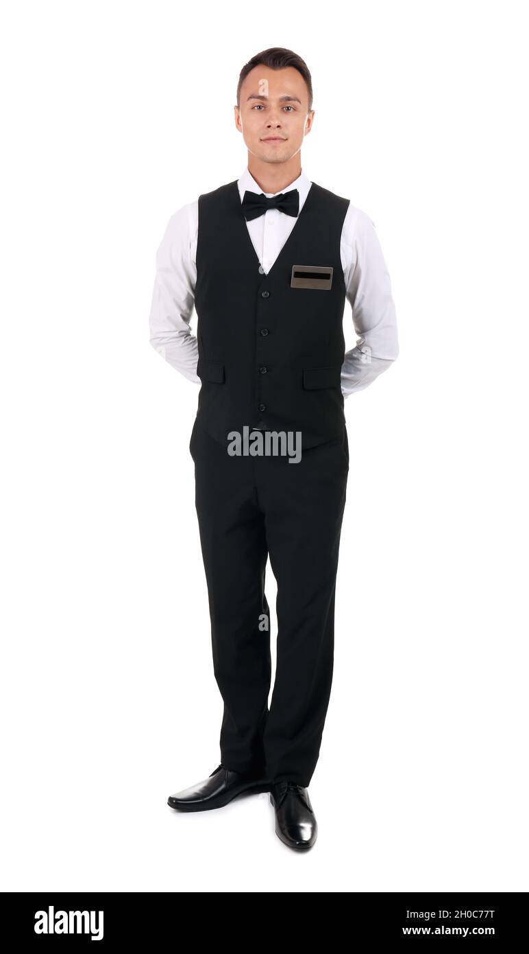 Full length portrait of young waiter in uniform on white background ...