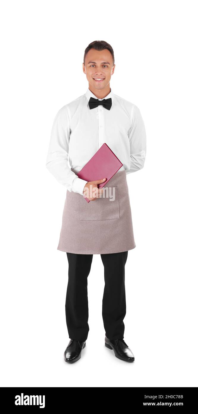 Young waiter with menu on white background Stock Photo - Alamy