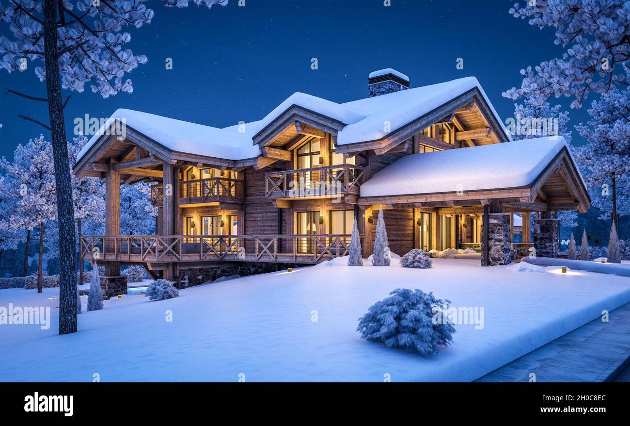 3d rendering of modern cozy chalet with pool and parking for sale or ...