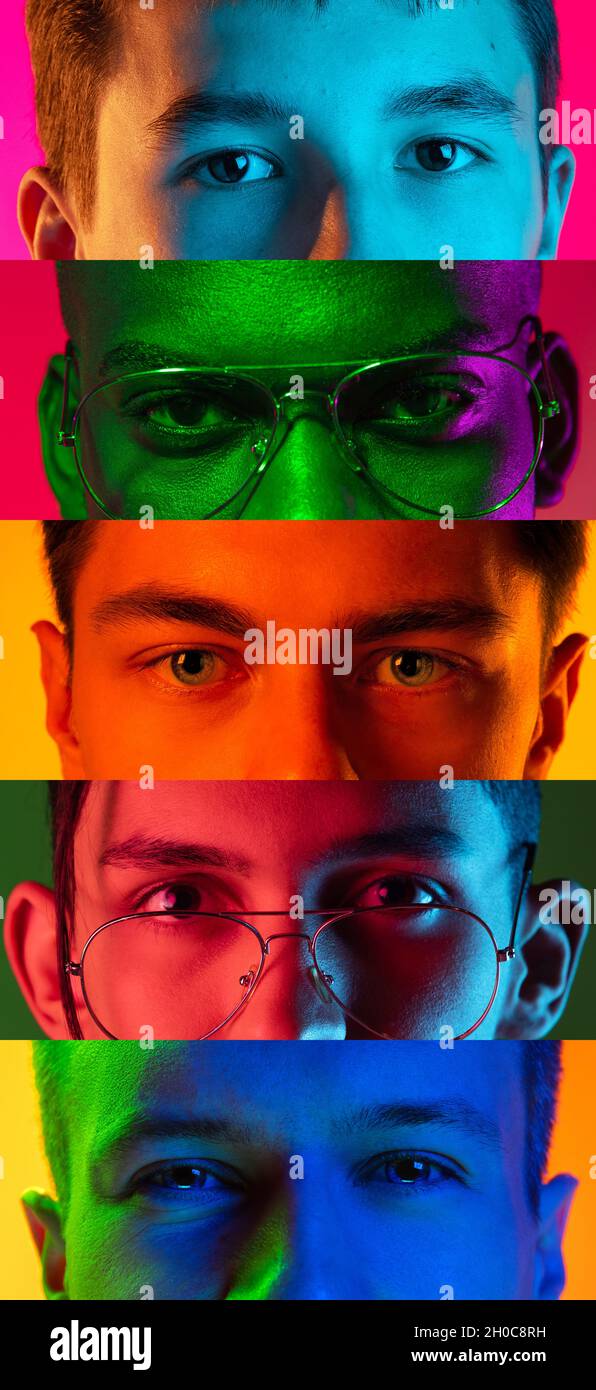 Vertical collage of open eyes of young multiethnic men and women on ...
