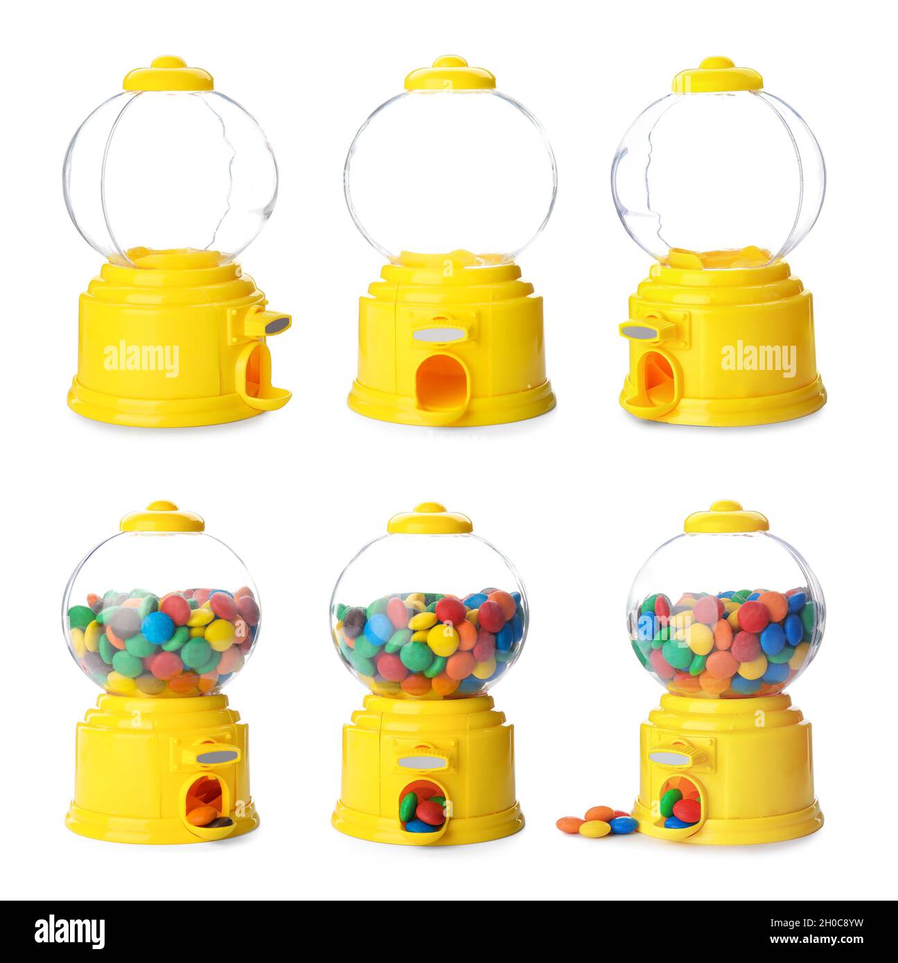 Set with vending machines and colorful sweet candies on white ...