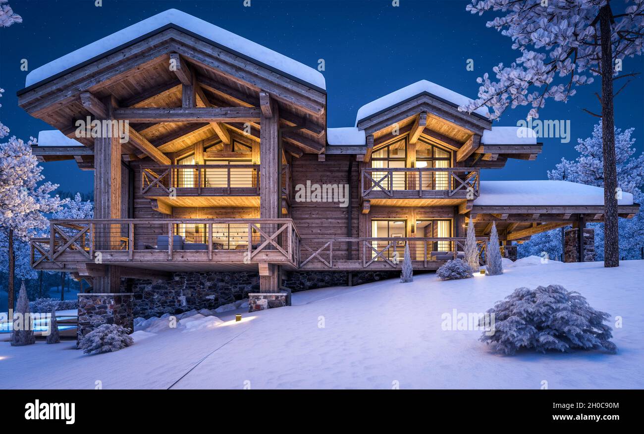 3d rendering of modern cozy chalet with pool and parking for sale or ...
