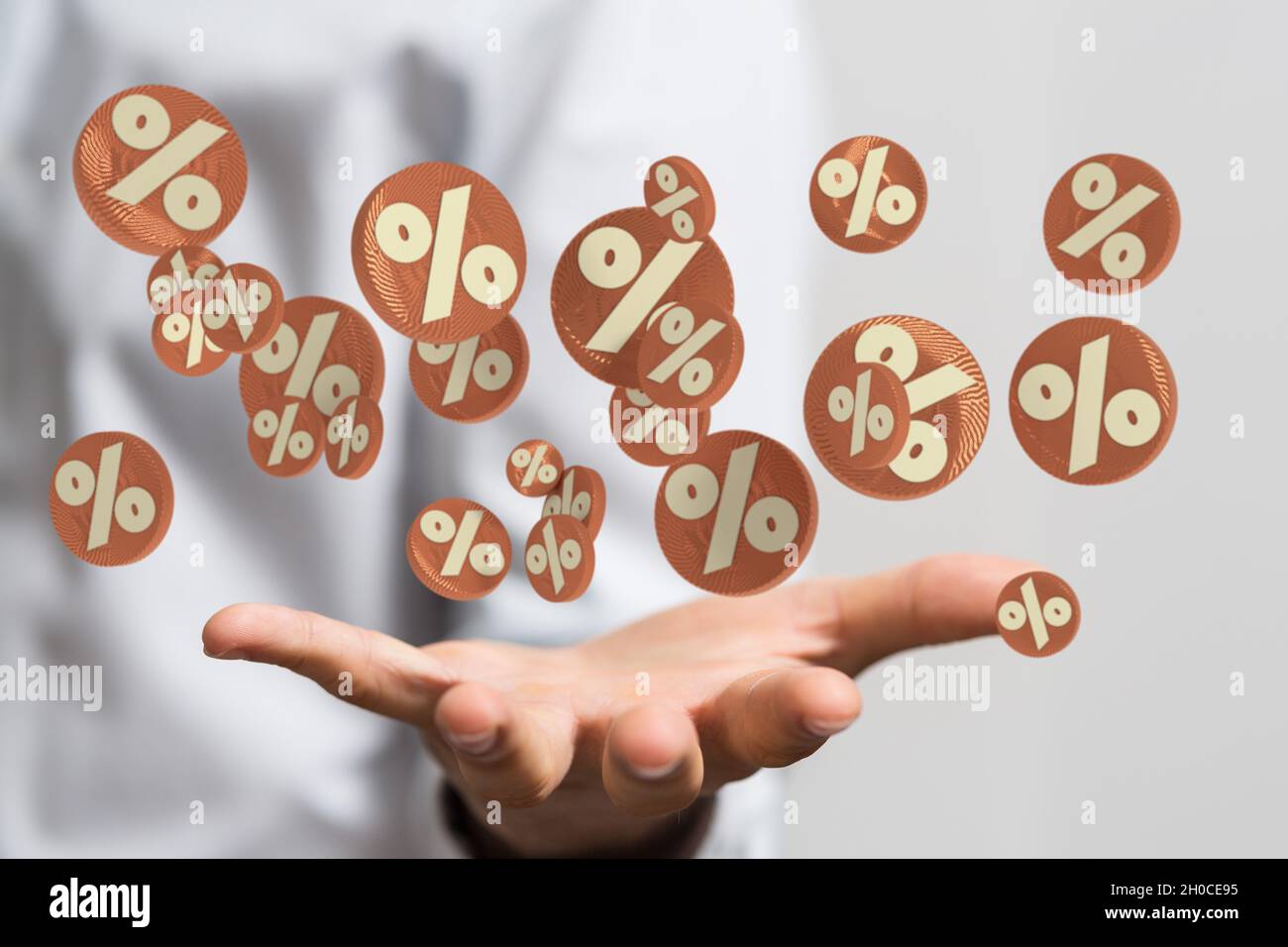 3D rendered percentage icons hovering above the man's hand Stock Photo ...