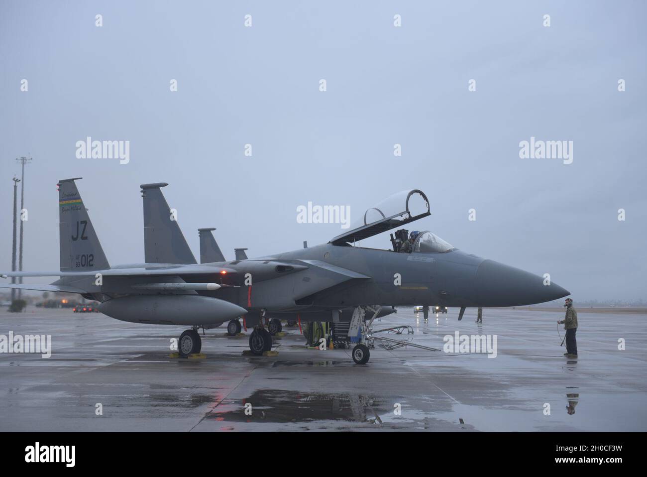 A U.S. Air Force F-15C Eagle pilot and crew chief assigned to the 159th Fighter Wing, Louisiana ...