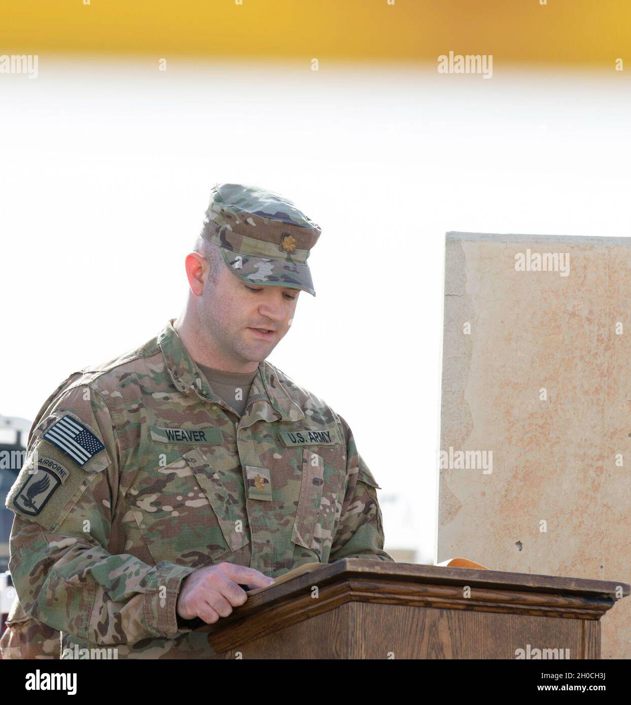 The incoming commander, Maj. Mark Weaver, gives his first speech as the ...