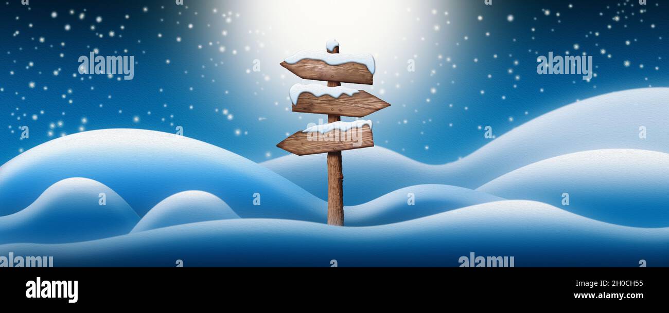 Wooden blank sign post in North Pole snow fields. Winter holidays ...