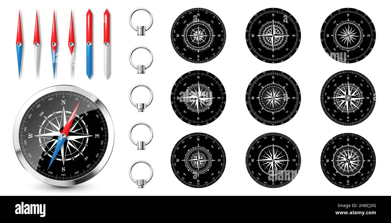 Realistic silver vintage compass with marine wind rose and cardinal ...