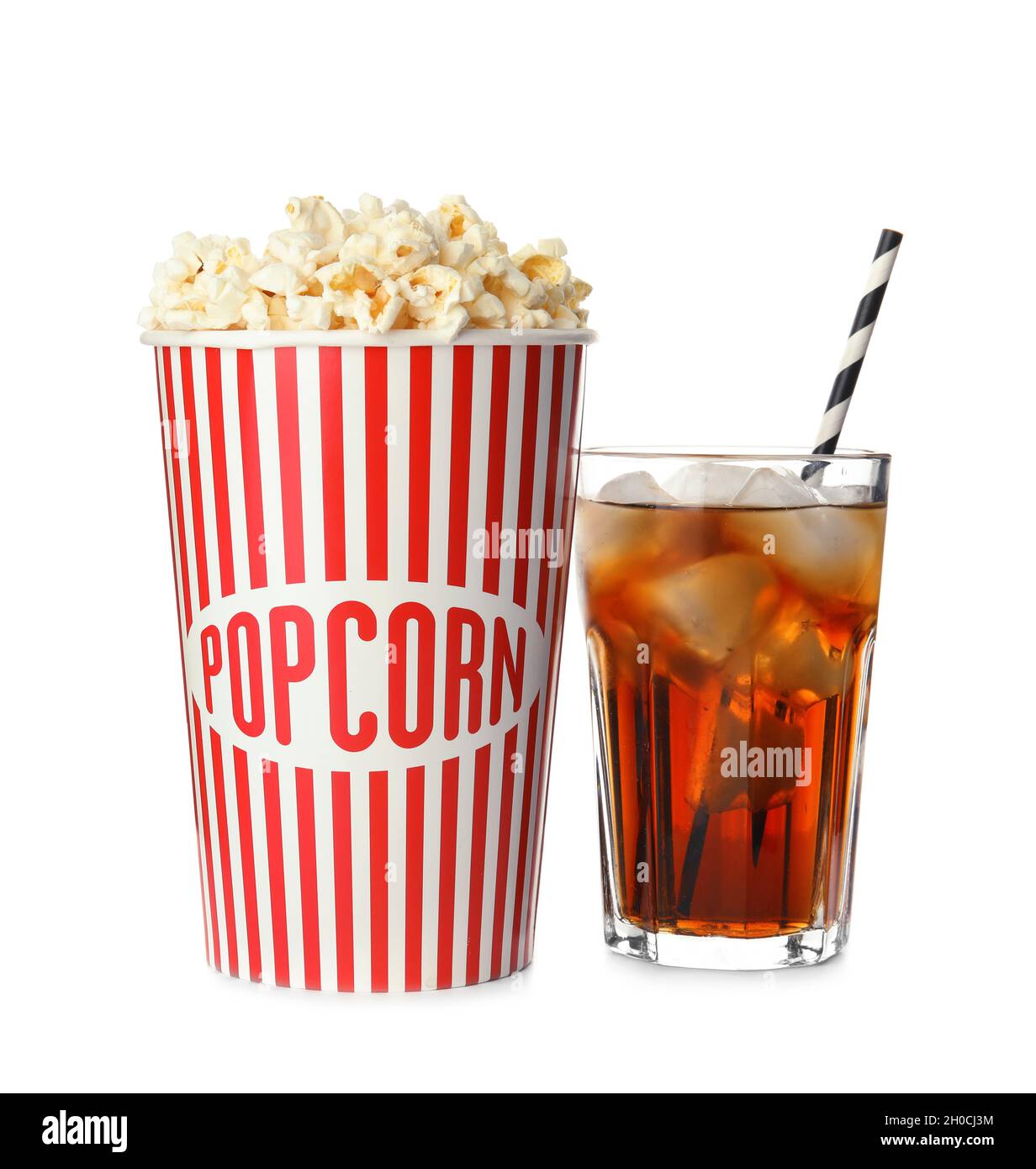 Cup with delicious popcorn and glass of cola on white background Stock ...