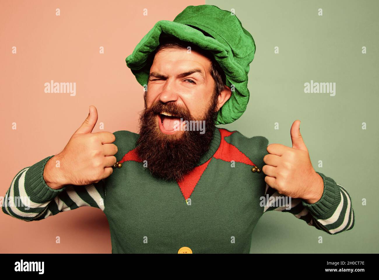Christmas elf. Elf concept. Happy celebration. Bearded elf. Winter ...