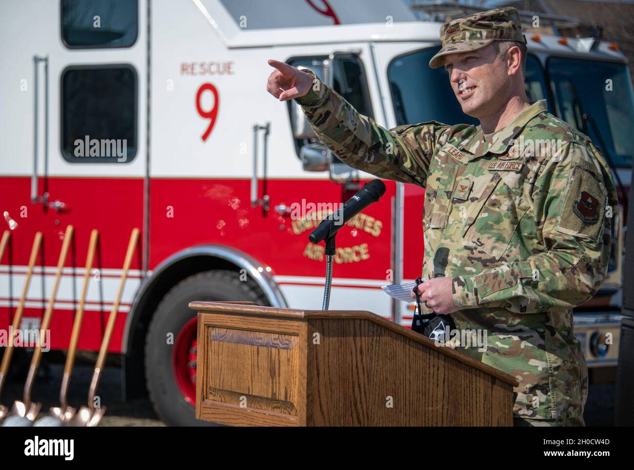 Col. Matthew Leard, 97th Air Mobility Wing commander, speaks during the ...