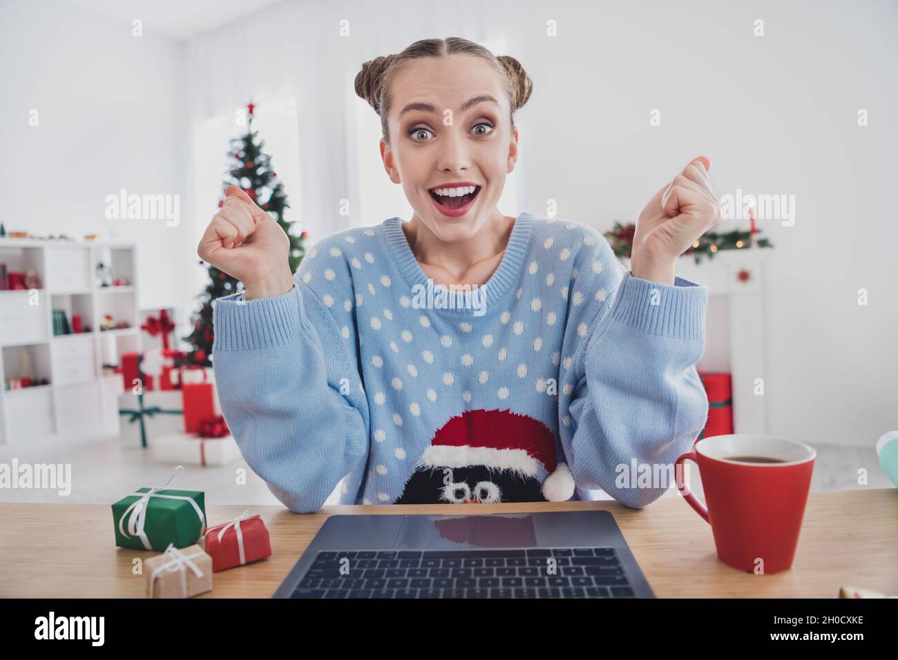 Portrait of attractive cheerful girl calling on web attending workshop ...