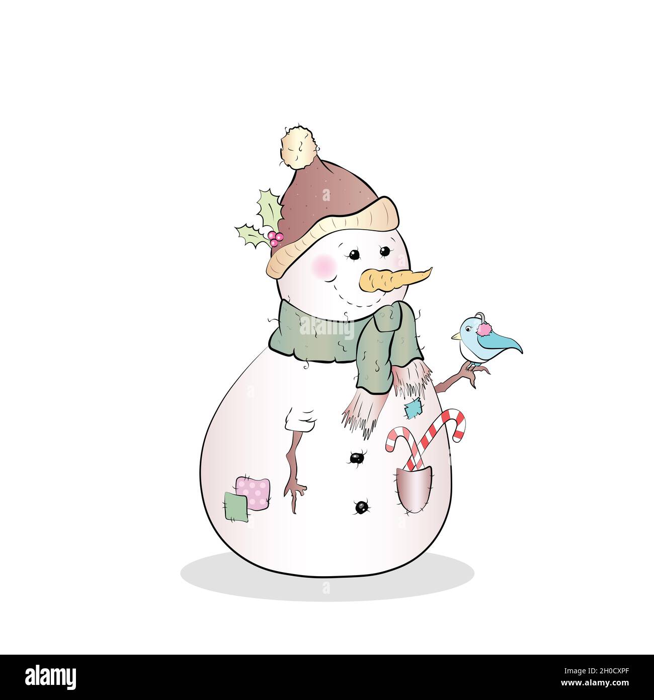 Cute happy snowman with little bird isolated on white background ...